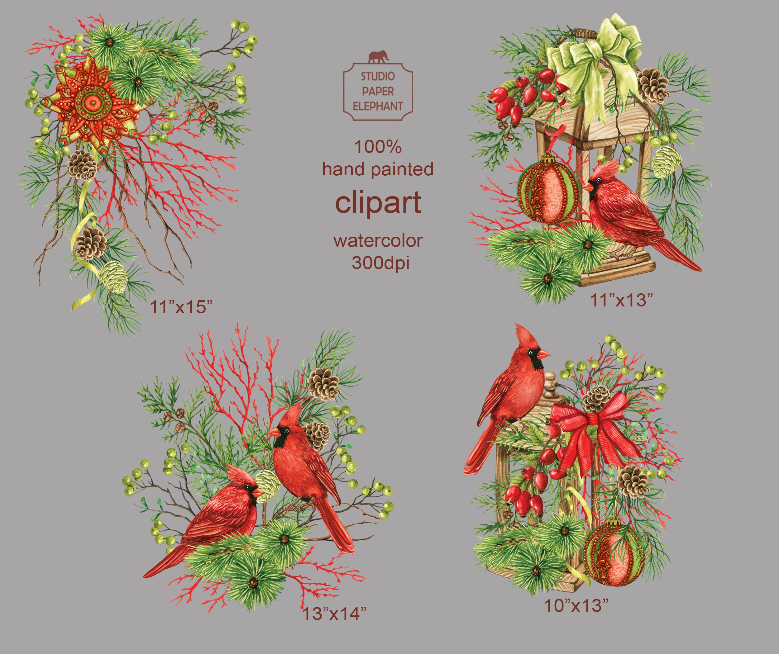 Watercolor Christmas Compositions With Red Cardinals - Etsy