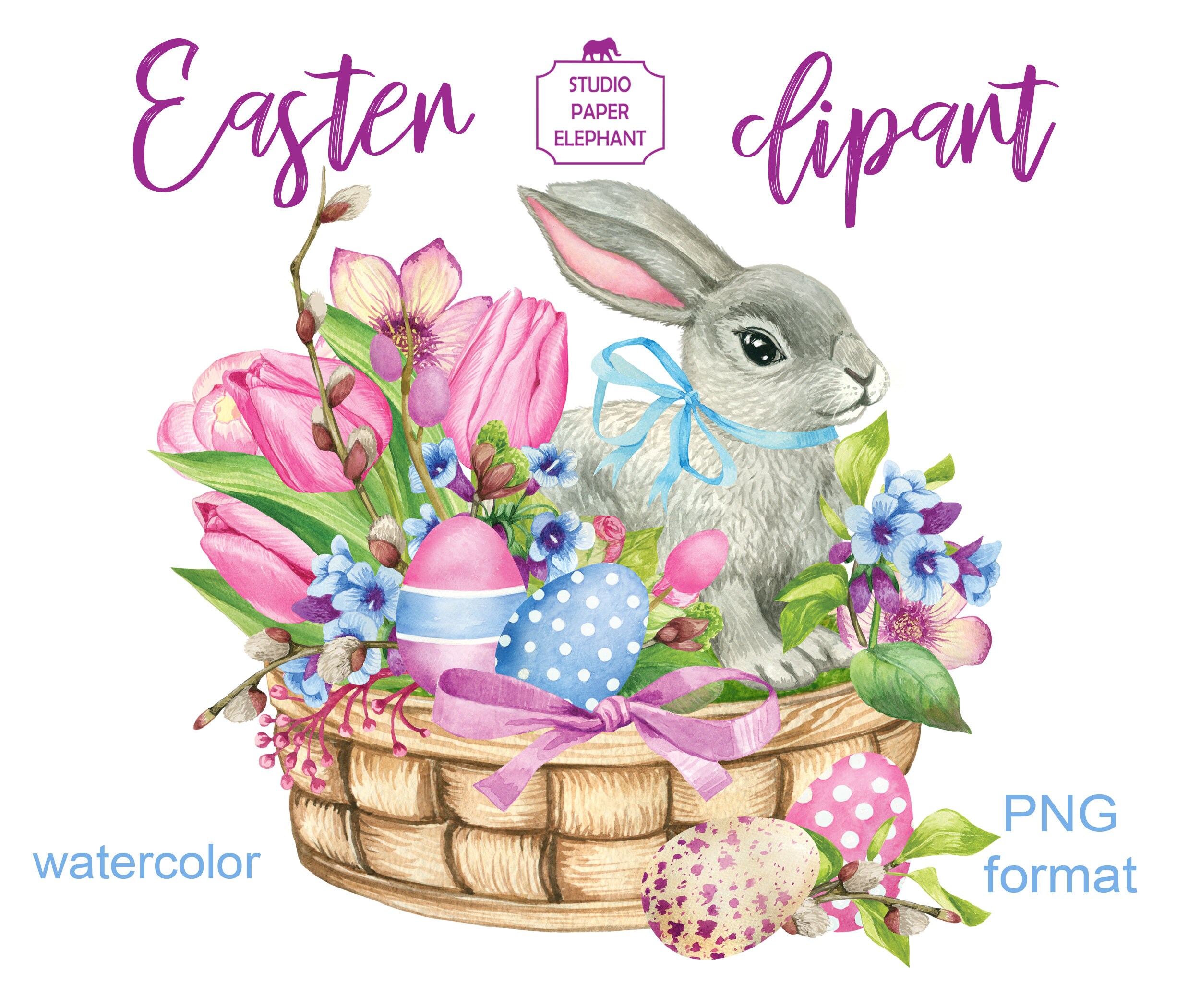 Watercolor Easter Clipart Easter Bunnies Cute Easter Eggs | Etsy