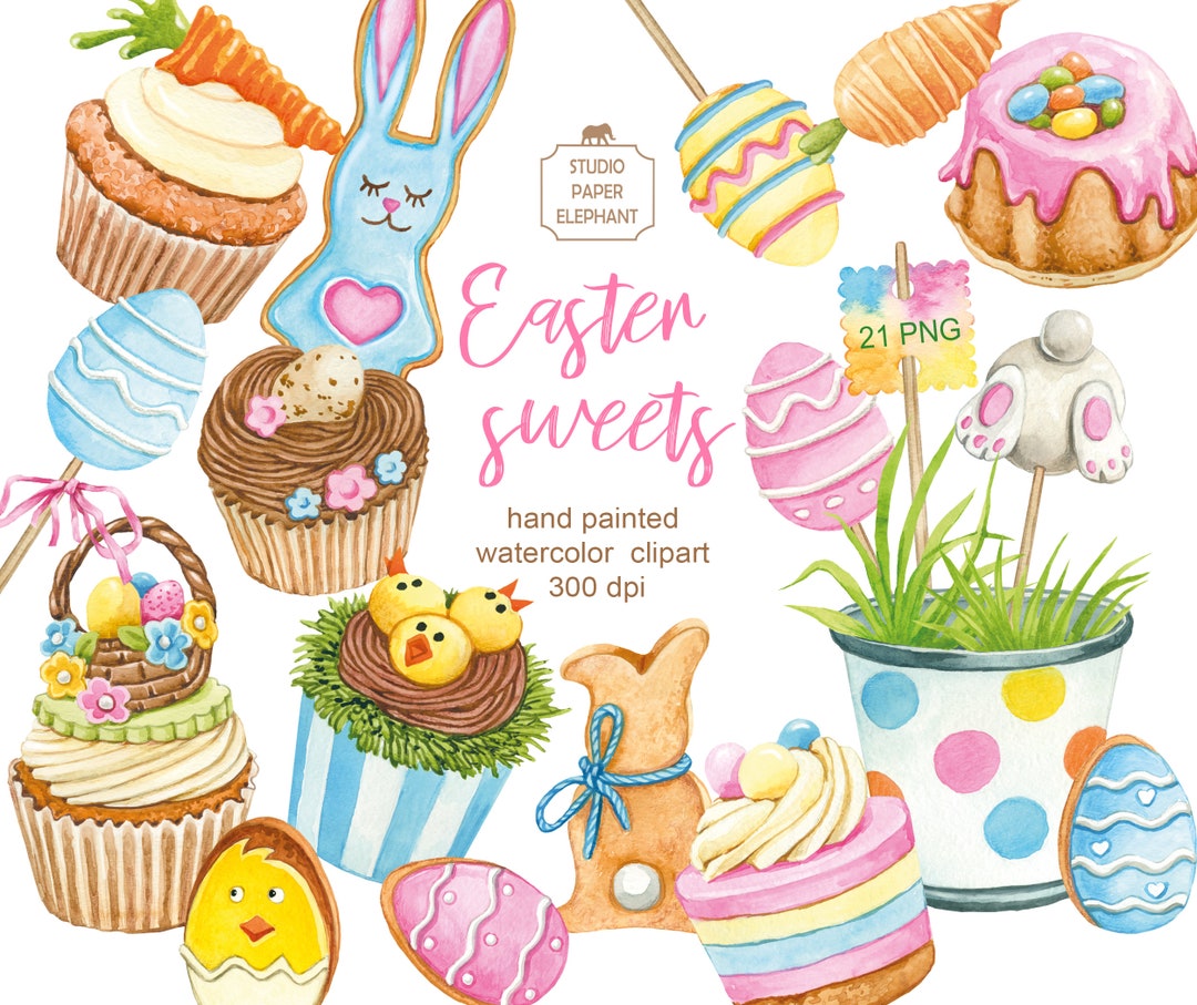 Watercolor Easter Sweets Clipart, Easter Cupcakes, Cookies, Lollipops ...
