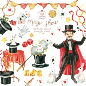 Watercolor Magic Show Clipart: Card Tricks, Illusions (PNG, Instant ...