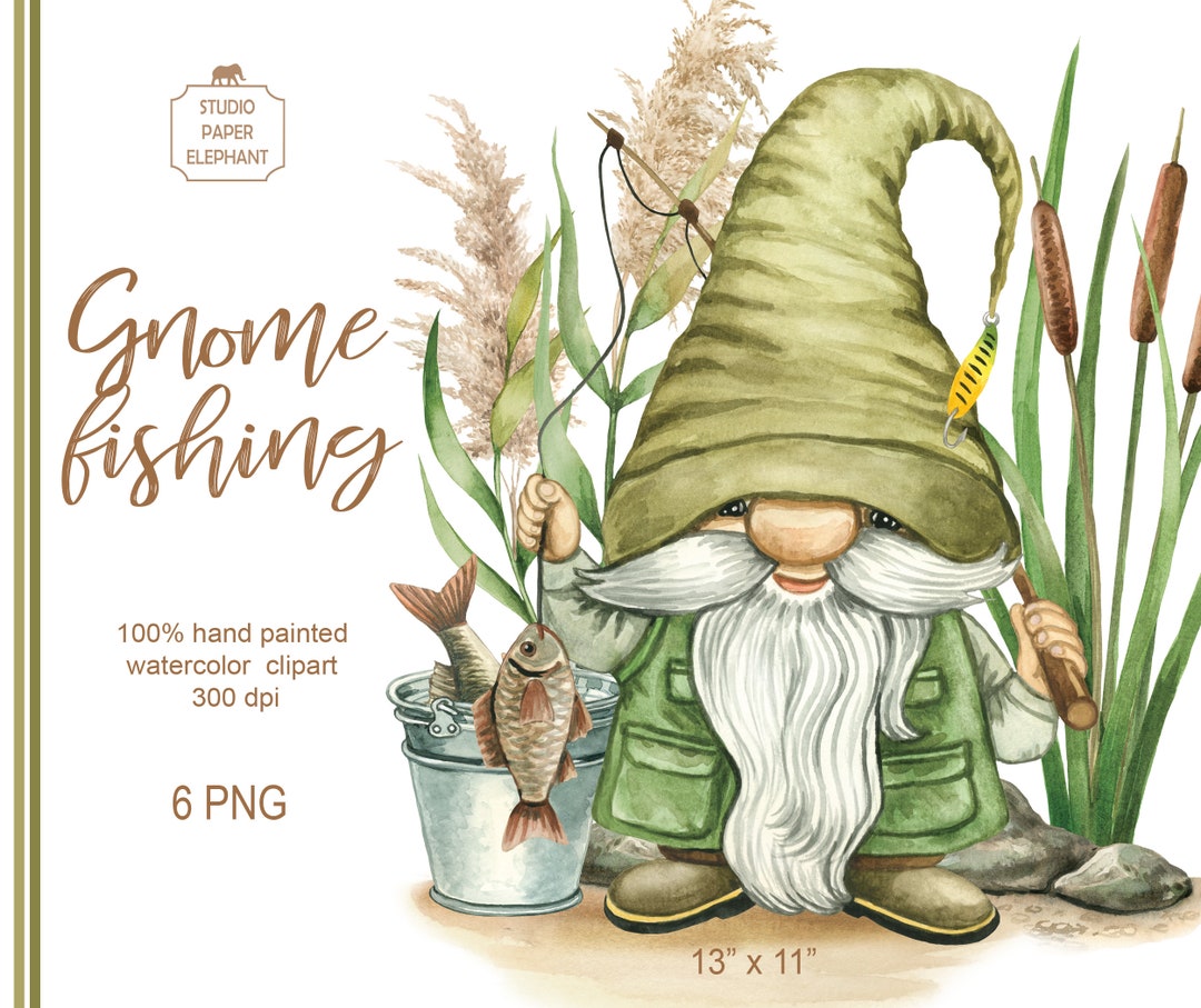 Watercolor Gnome Fisherman, Fishing Gnome, Fishing Clipart, Fisherman's ...