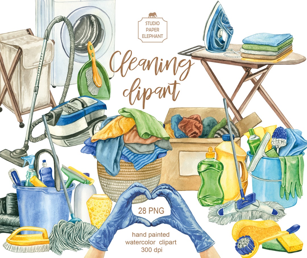 Watercolor Cleaning Clipart: Laundry & Ironing Supplies (PNG) - Etsy