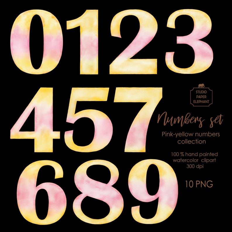 Watercolor Numbers Clipart: Pink & Yellow, DIY Invitation (PNG) - Etsy