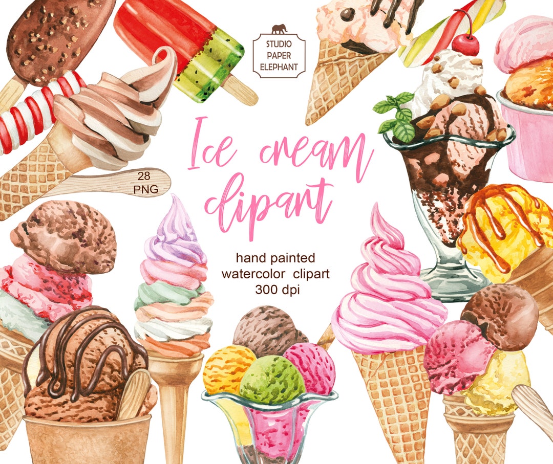Watercolor Ice Cream Clipart: Hand-drawn Summer Treats (PNG Digital ...