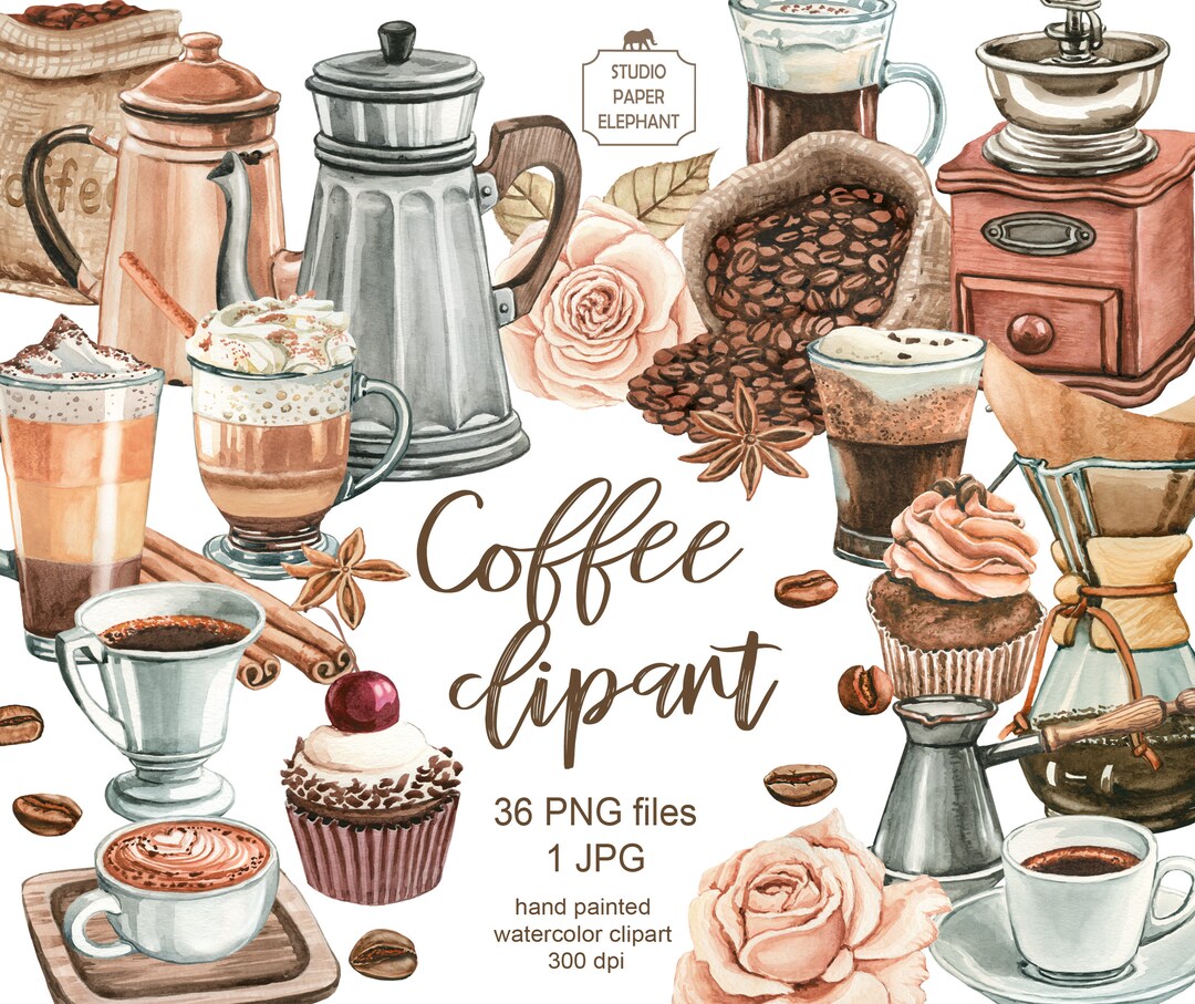 Watercolor Coffee Clipart: Vintage Pots, Beans, Drinks (PNG Digital ...