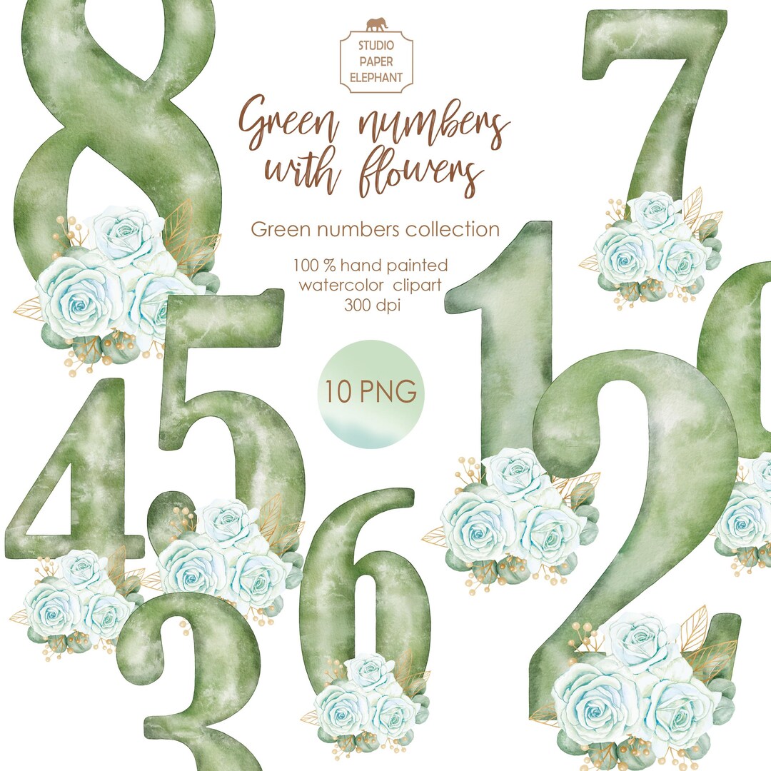 Watercolor Floral Green Numbers: DIY Invitation Clipart (PNG) - Etsy