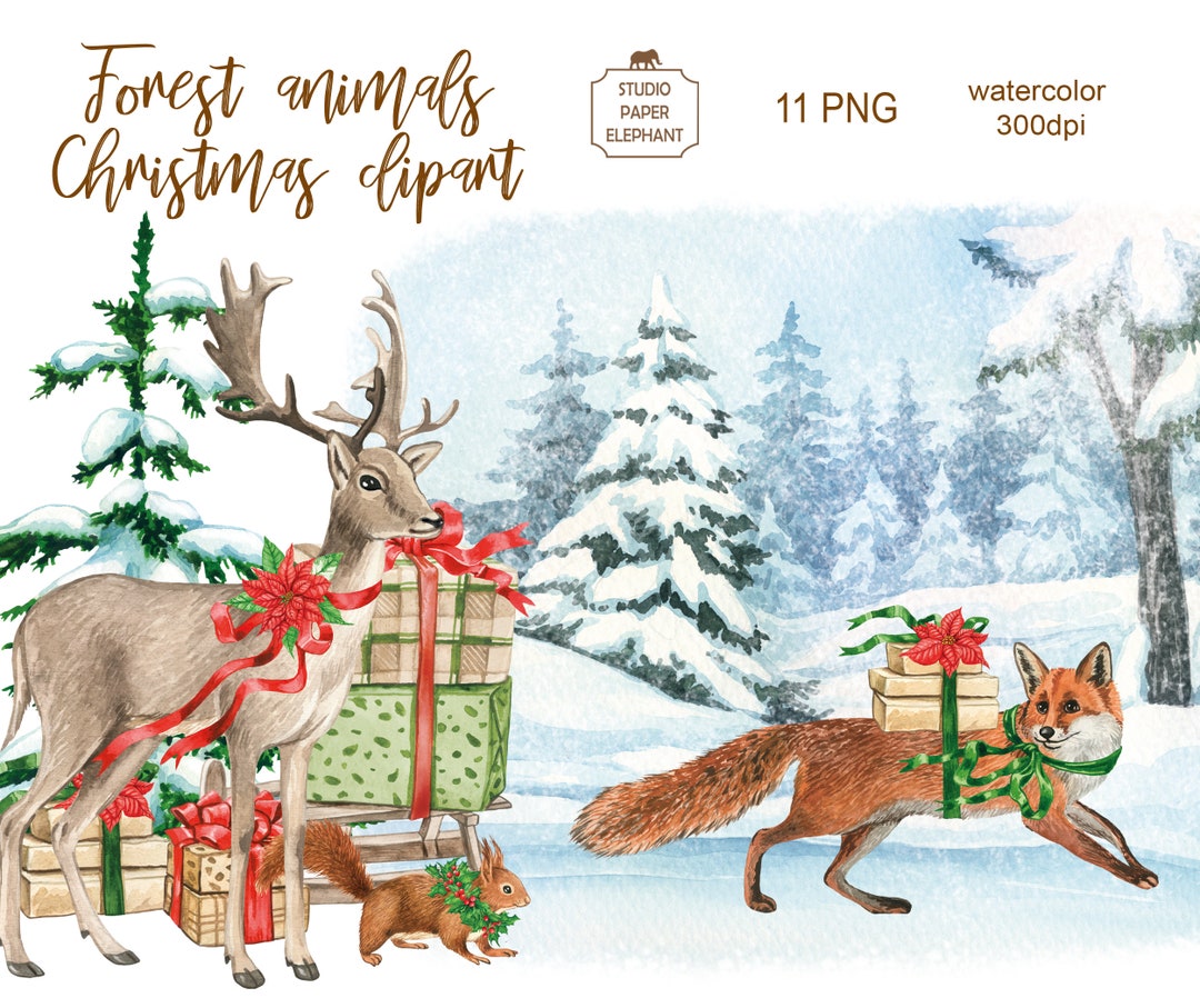 Forest Animals Christmas Clipart, Fox, Hare, Deer, Squirrel, Winter ...