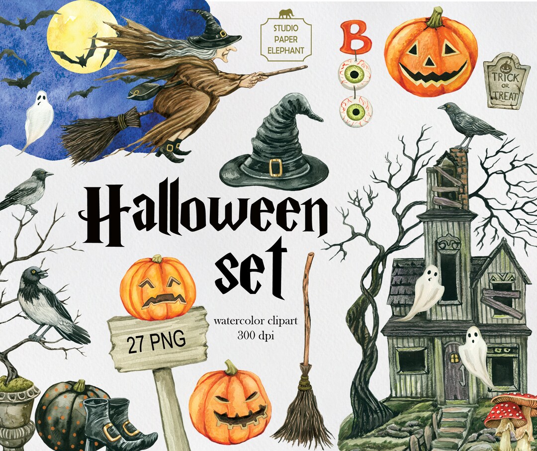 Watercolor Halloween Clipart, Witch on Broomstick, Haunted House ...