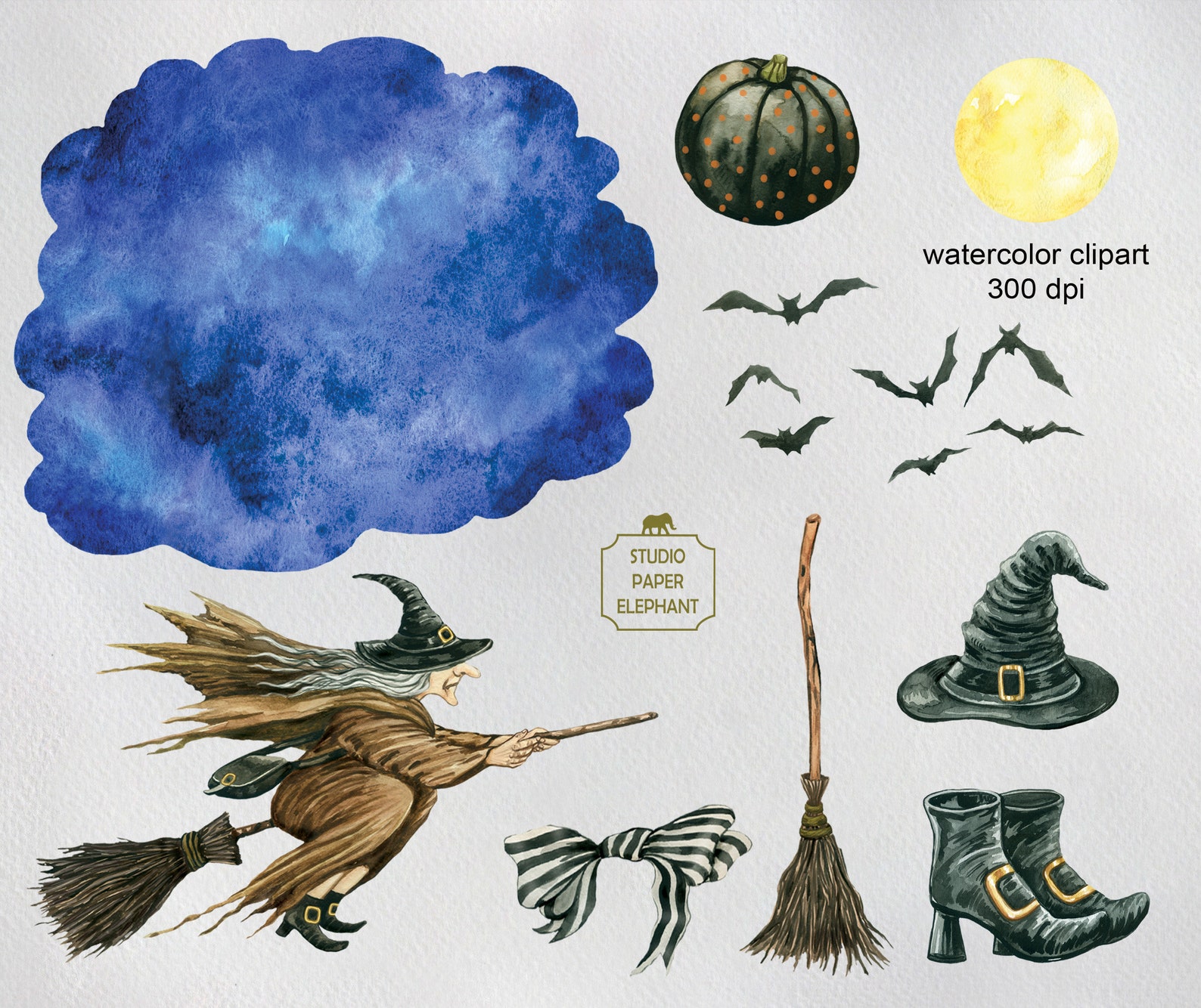 Watercolor Halloween clipart witch on broomstick haunted | Etsy