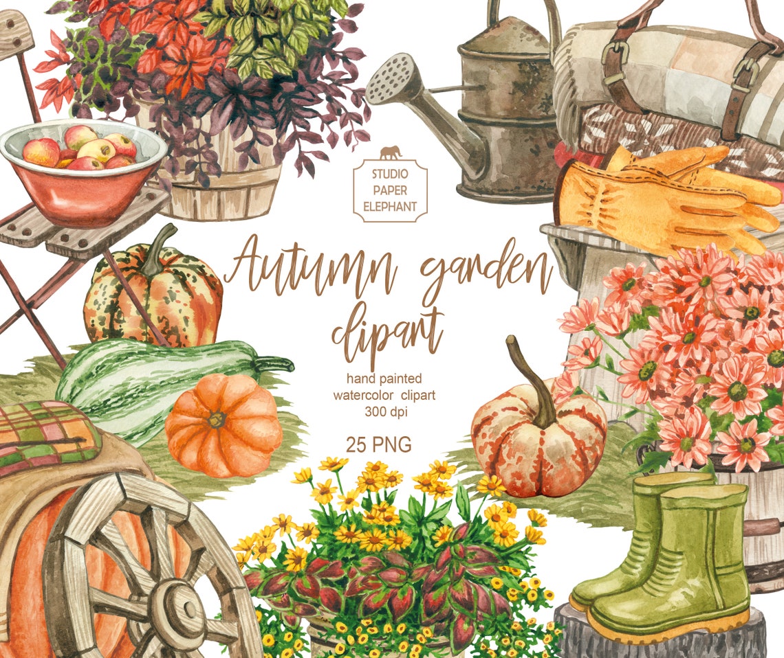 Watercolor Autumn Garden Clipart Farmhouse Garden Clipart - Etsy