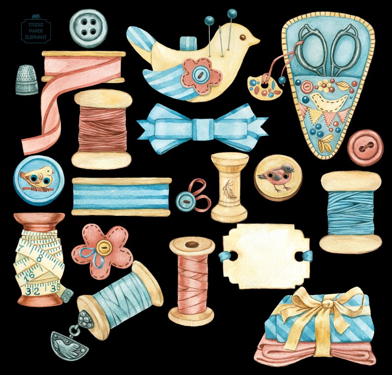 Watercolor Sewing Kit Clipart: Needlework, Bobbin, Scissors (PNG ...
