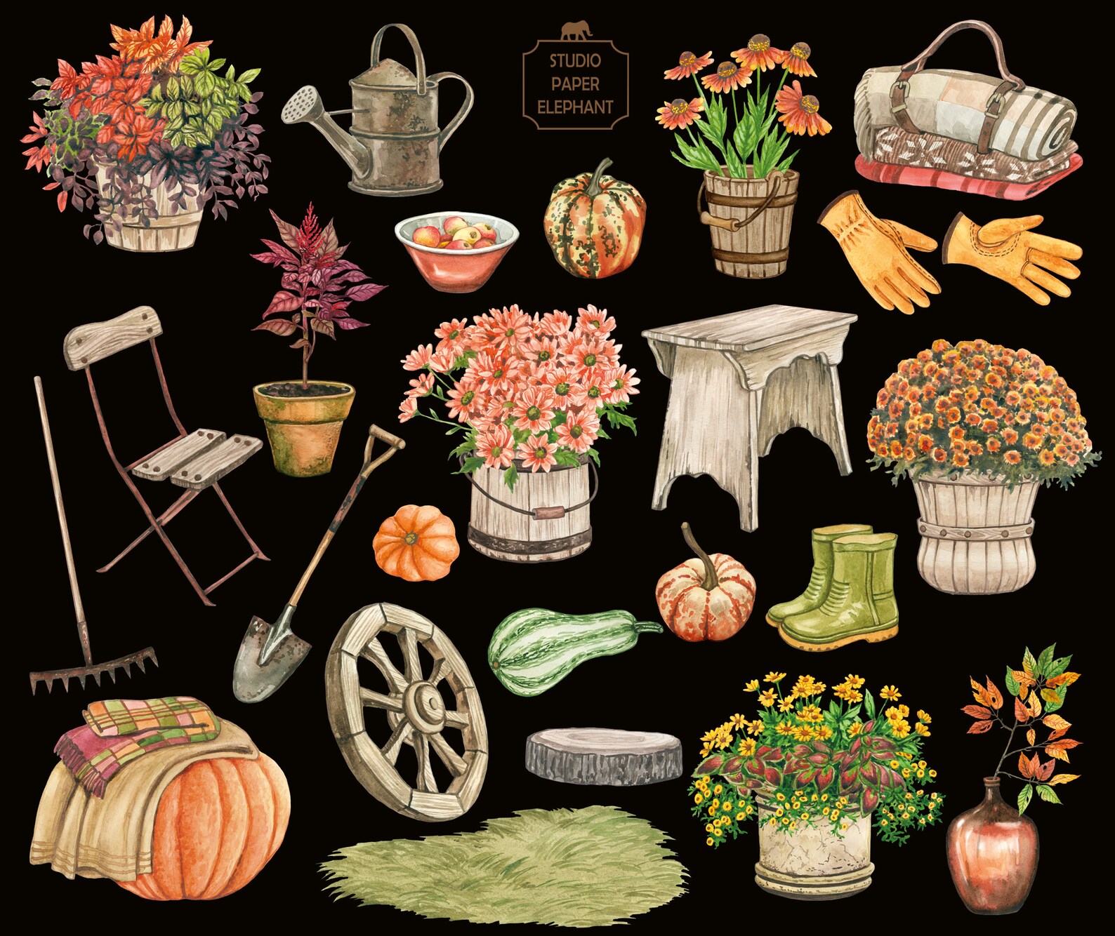 Watercolor Autumn Garden Clipart Farmhouse Garden Clipart - Etsy