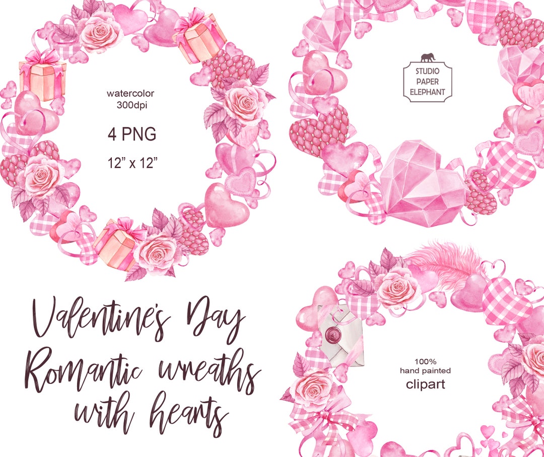 Watercolor Pink Romantic Valentine's Day Wreaths, Wreaths With Hearts ...