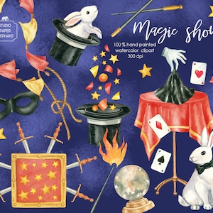 Watercolor Magic Show Clipart: Card Tricks, Illusions (PNG, Instant ...