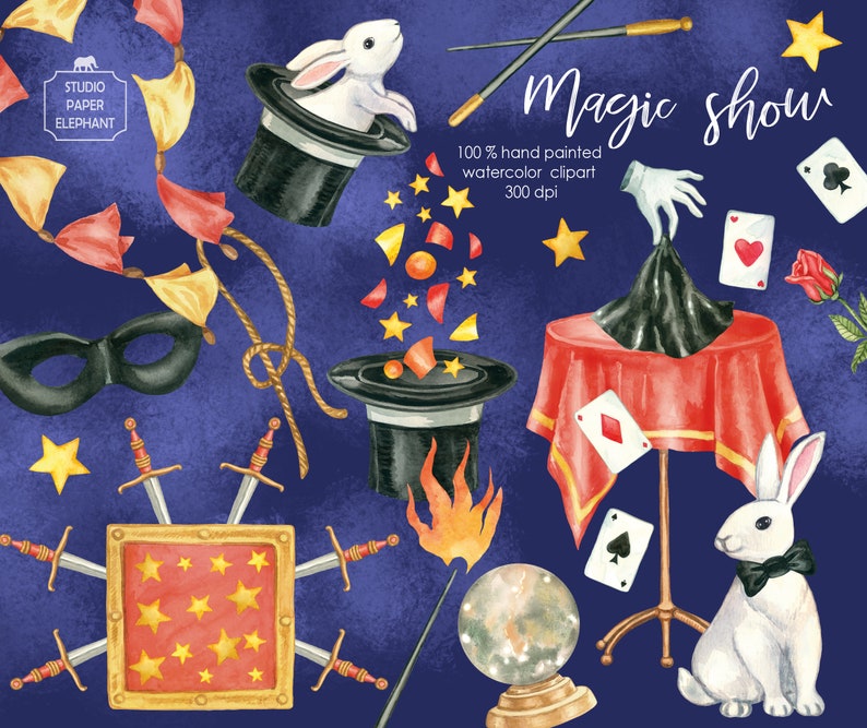 Watercolor Magic Show Clipart: Card Tricks, Illusions (PNG, Instant ...