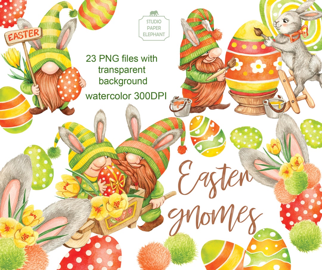 Watercolor Easter Gnomes Clipart: Bunny, Eggs, Spring Decor (digital ...