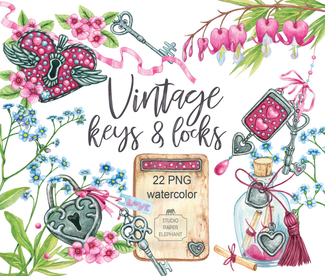 Watercolor Valentine's Day Clipart, Vintage Keys Clipart, Vintage Locks ...