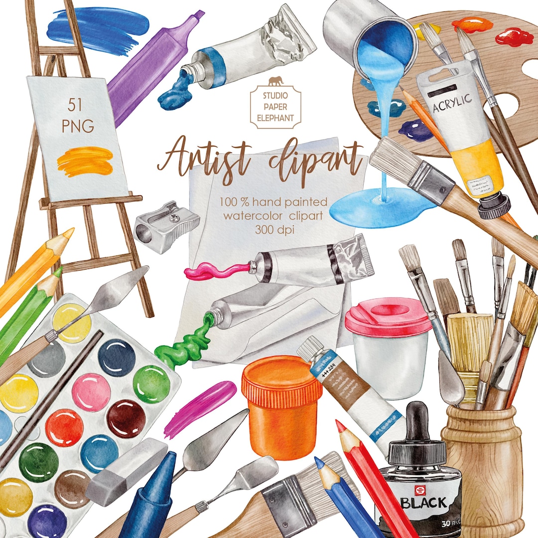 Artist Clipart Set: Watercolor Painting Tools (PNG) - Etsy