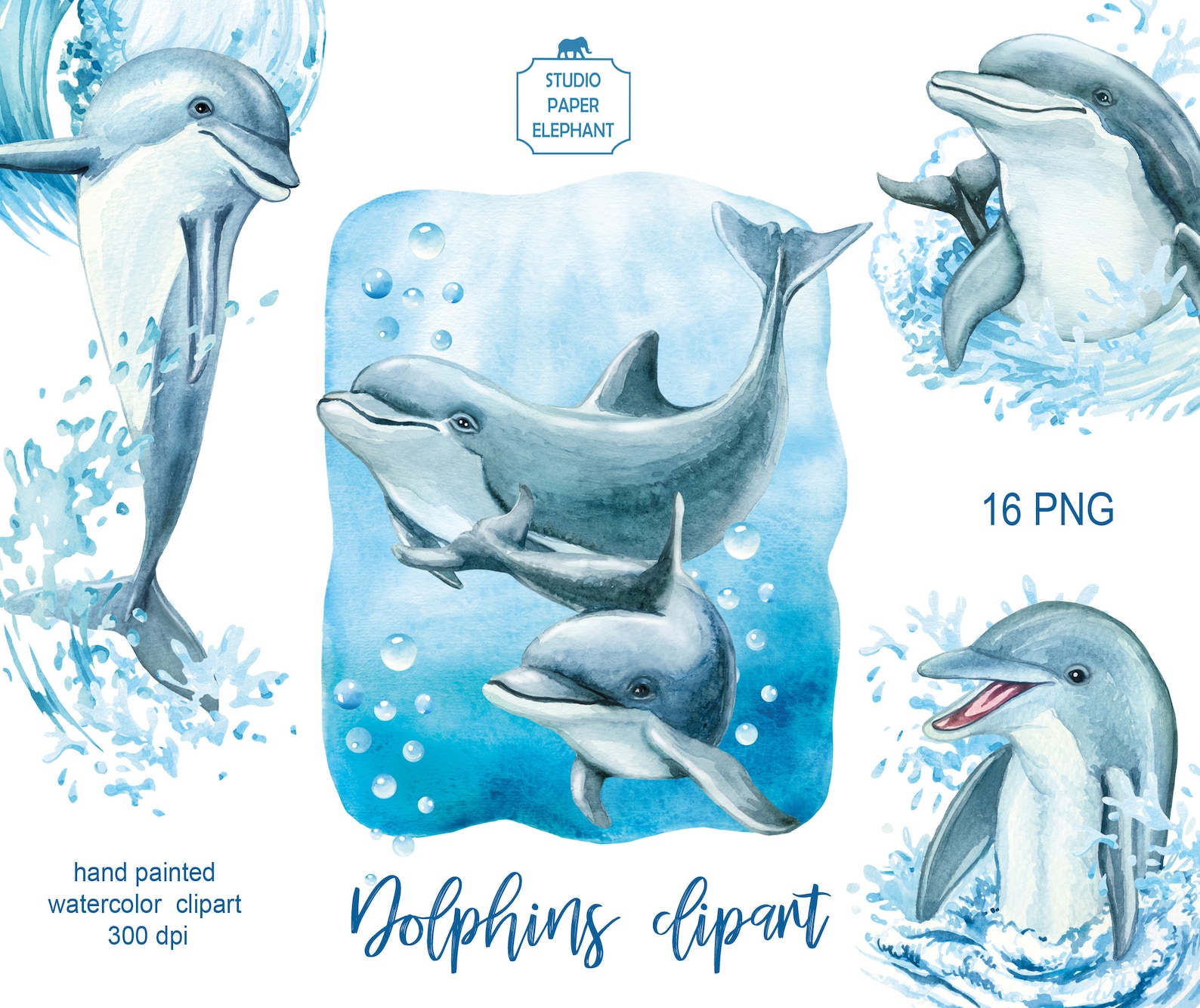 Watercolor Dolphins Clipart Sea Waves Clipart Sea Splashes - Etsy