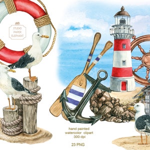 Watercolor Nautical Clipart: Beach, Lighthouse, Sea (PNG, Instant ...