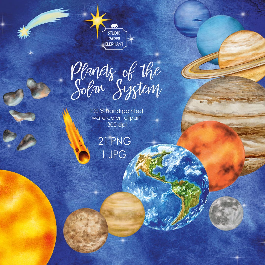 Watercolor Solar System Clipart: Planets, Stars, Space (PNG, JPG) - Etsy