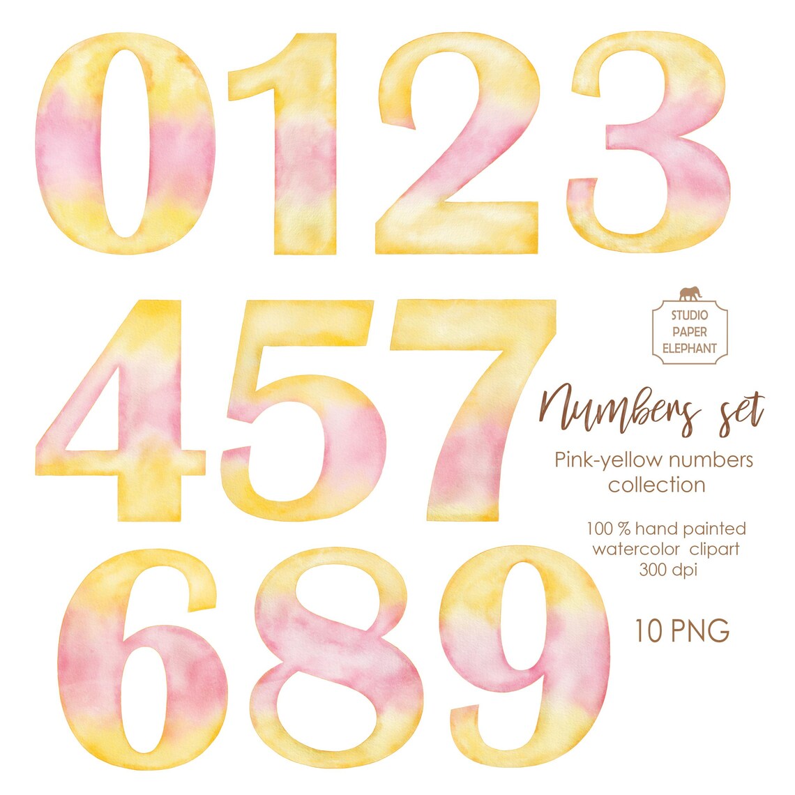 Watercolor Numbers Clipart: Pink & Yellow, DIY Invitation (PNG) - Etsy