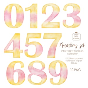 Watercolor Numbers Clipart: Pink & Yellow, DIY Invitation (PNG) - Etsy