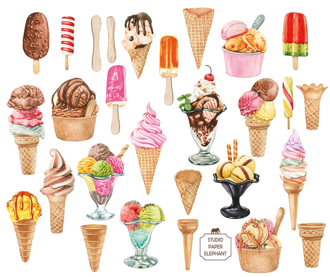 Watercolor Ice Cream Clipart: Hand-drawn Summer Treats (PNG Digital ...