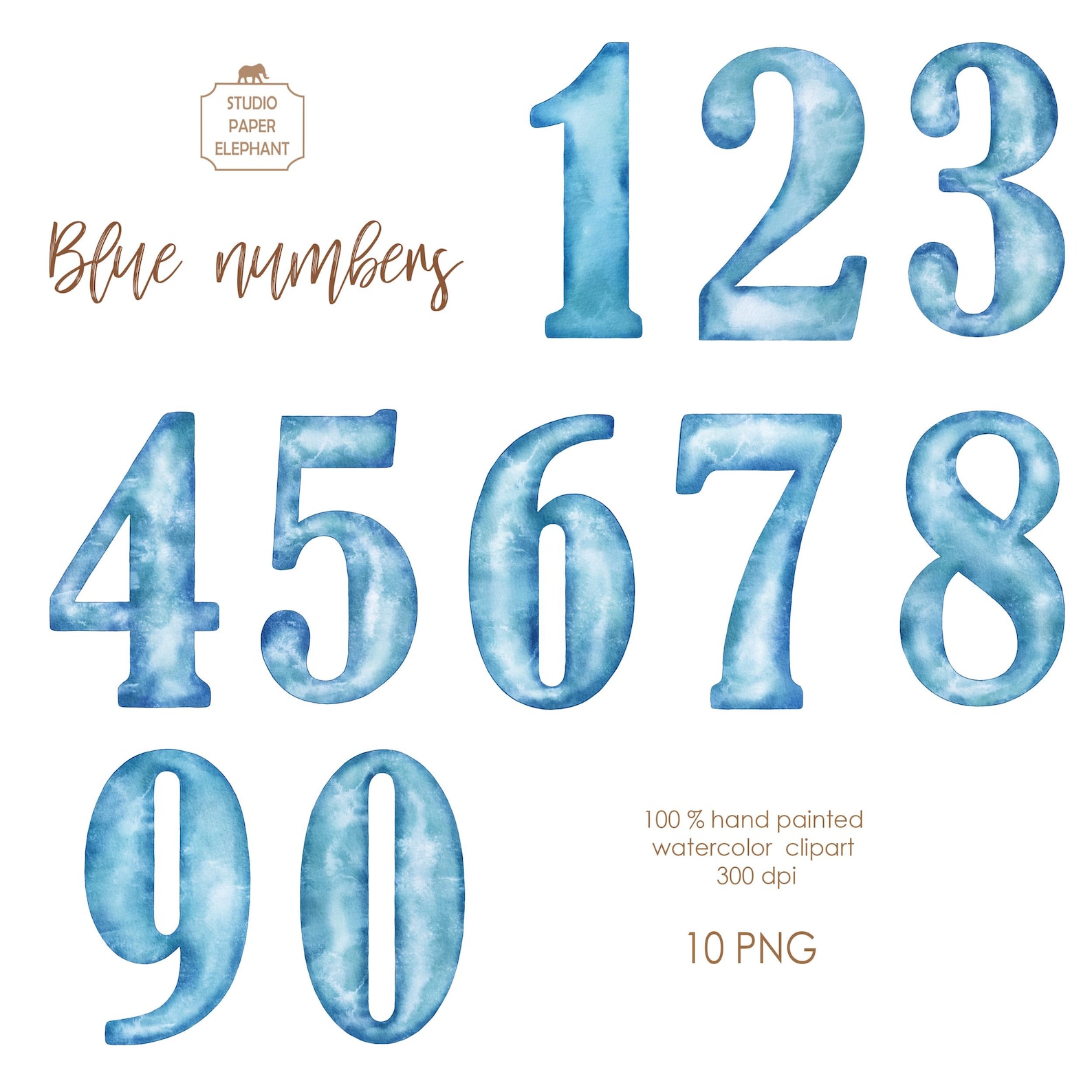 Watercolor Blue Numbers Clipart: Birthday & Wedding DIY (PNG Digital ...