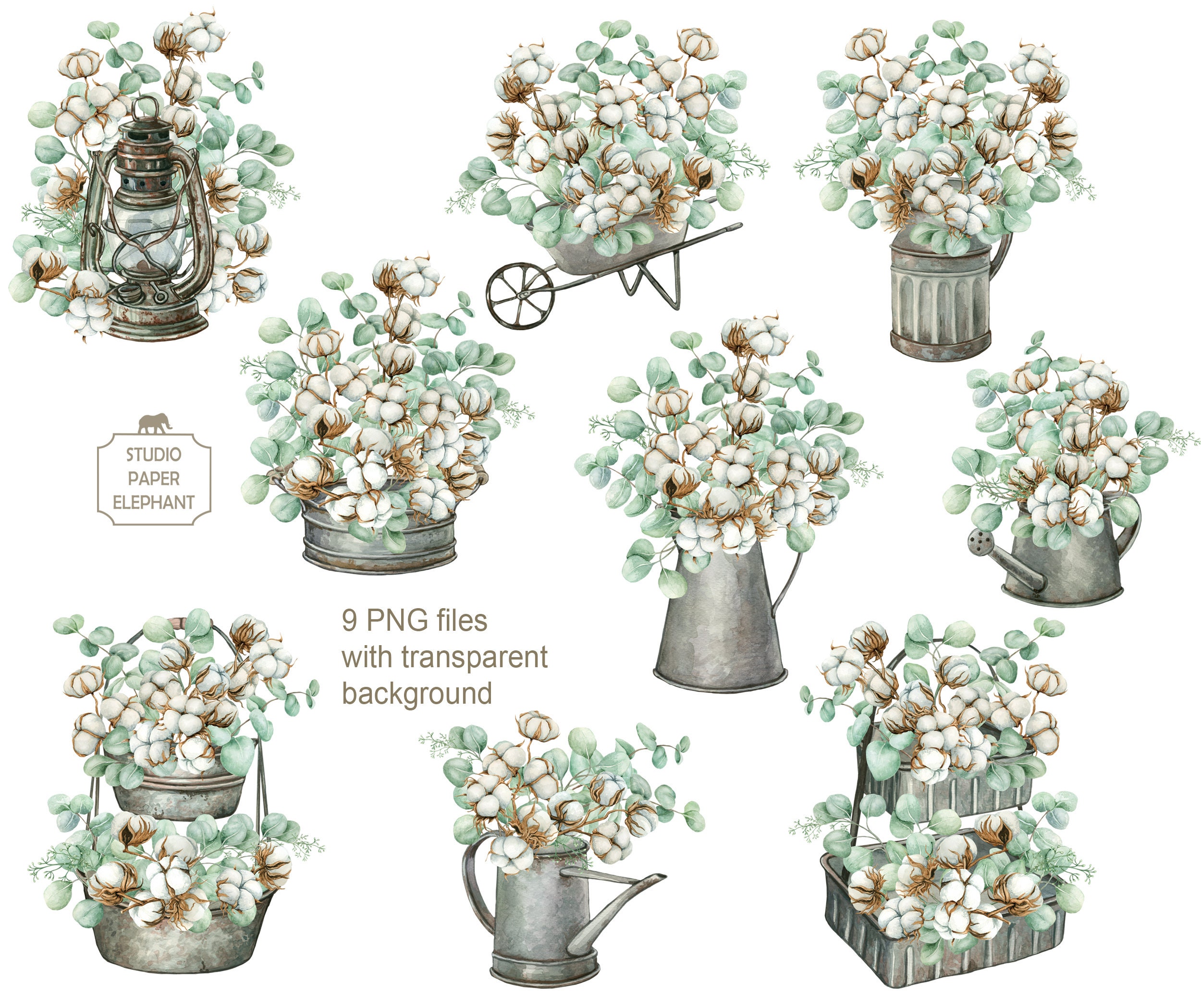 Watercolor Cotton and Eucalyptus Branches in Garden Dishes - Etsy