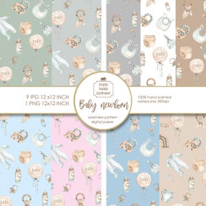 Watercolor Baby Newborn Pattern Digital Paper Scrapbook Paper Digital ...