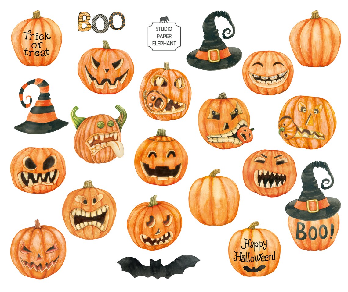 Watercolor Halloween Pumpkins Clipart Scary Halloween - Etsy