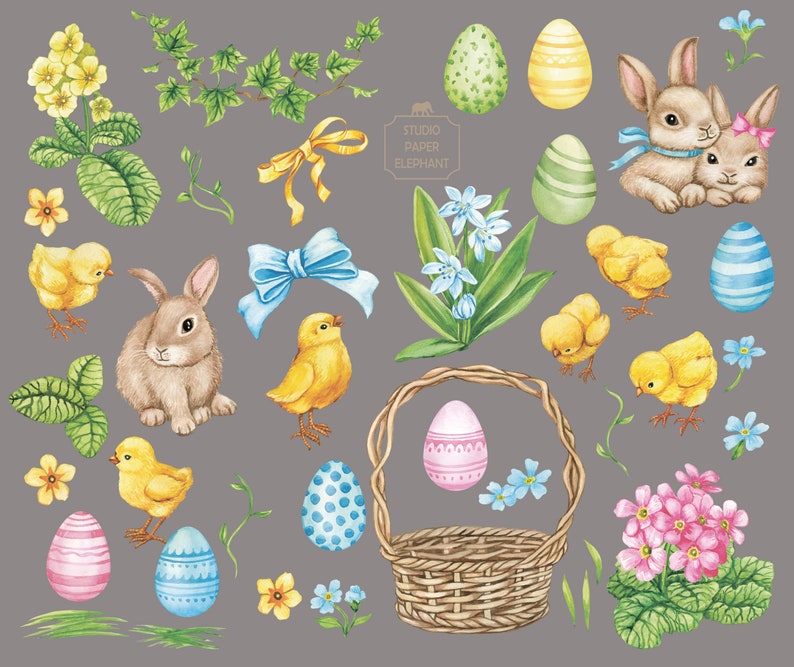 Watercolor Easter Chickens and Bunnies Clipart Easter - Etsy