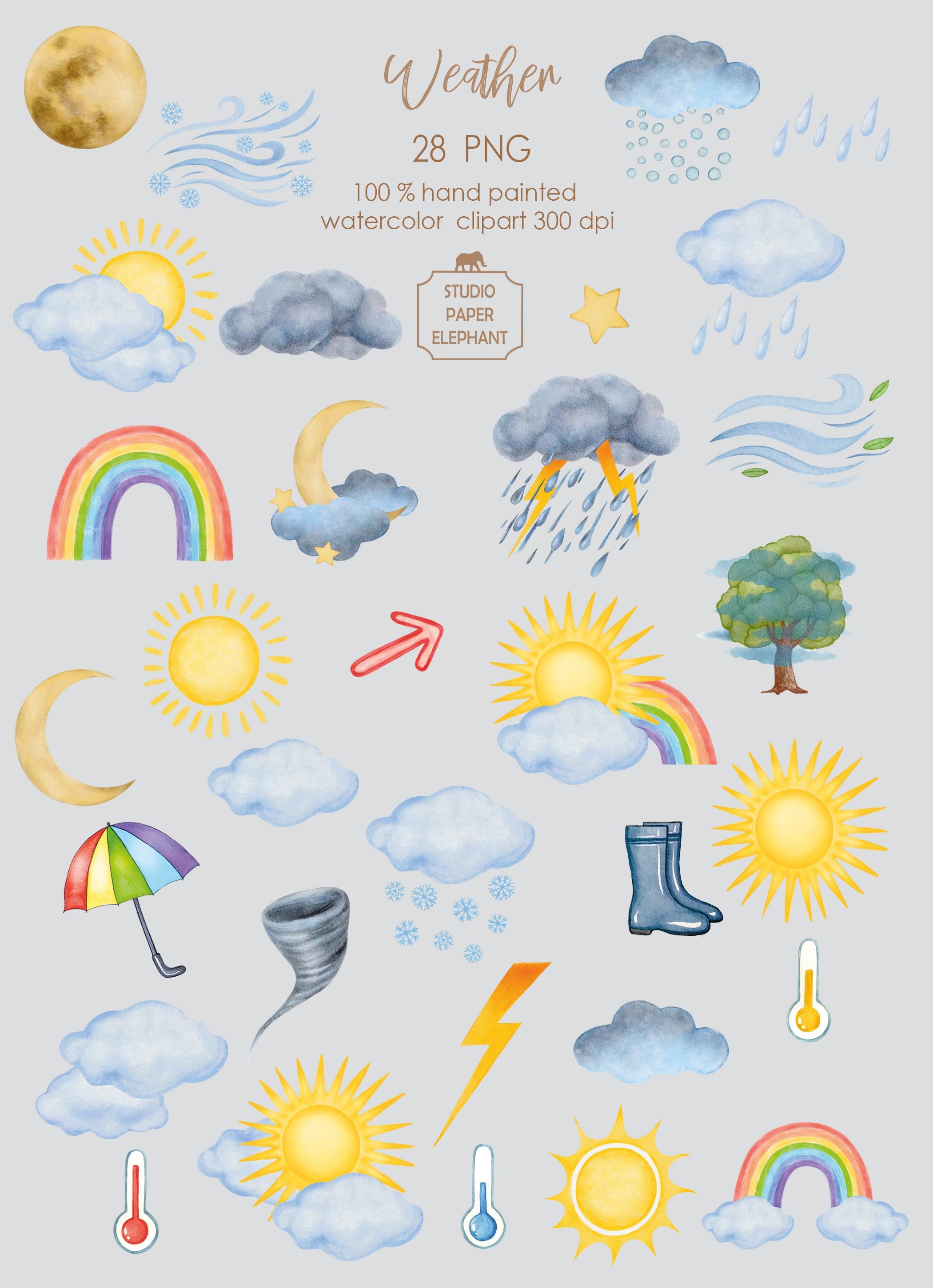 Watercolor Weather Clipart Atmospheric Phenomena for Children Clouds ...