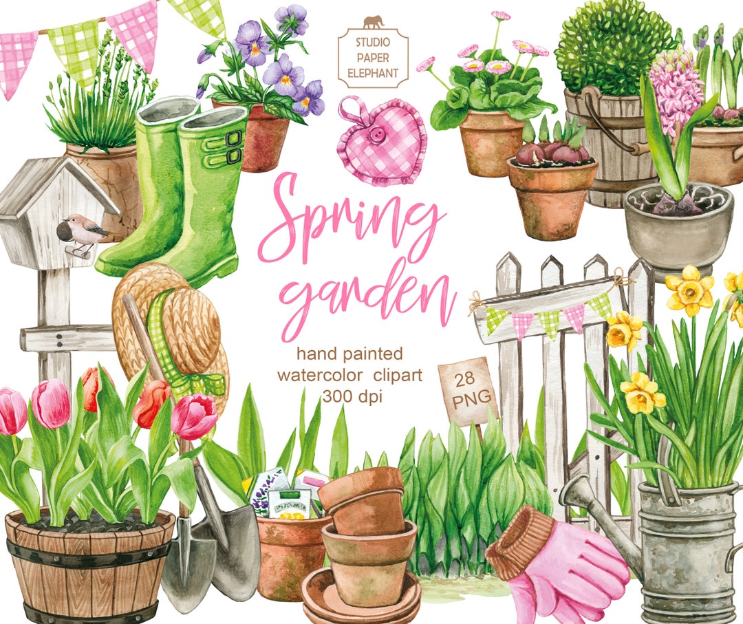 Watercolor Spring Garden Clipart, Spring Flowers in Pots, Farmhouse ...