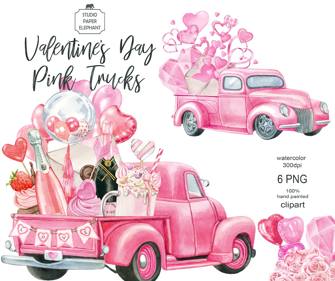 Watercolor Pink Trucks Valentine's Day Clipart (PNG, Instant Download ...