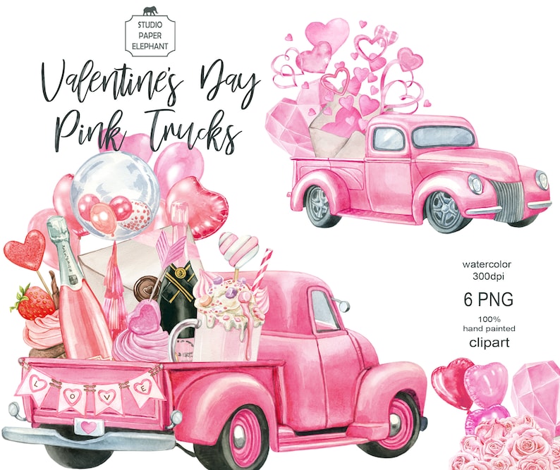 Watercolor Pink Trucks Valentine's Day Valentine's - Etsy