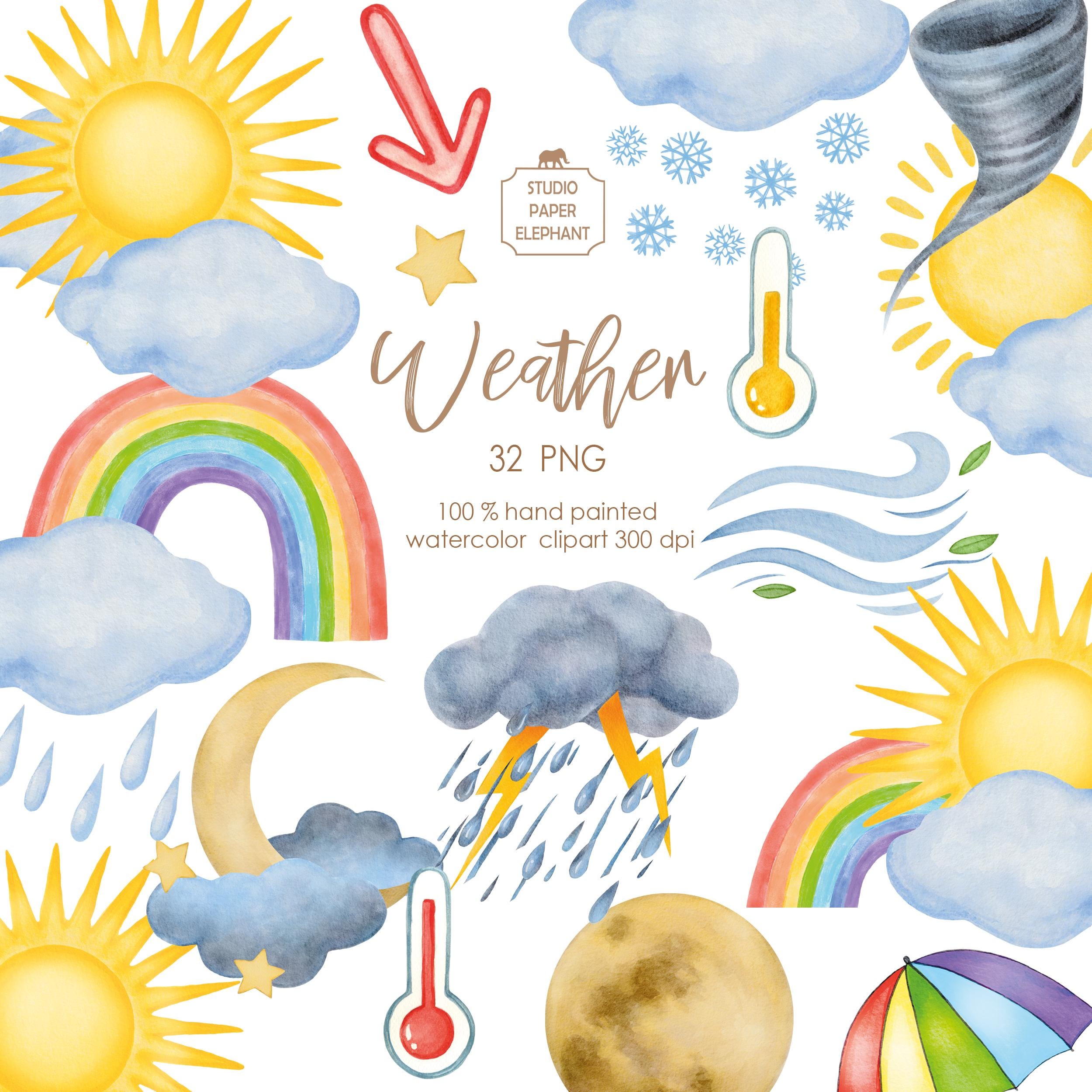 Watercolor Weather Clipart Atmospheric Phenomena for Children Clouds ...
