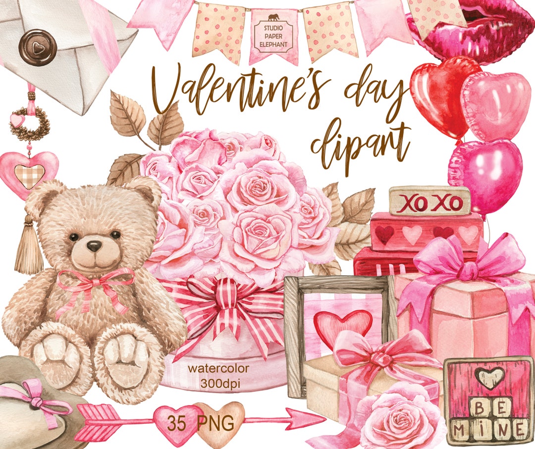 Watercolor Valentine's Day Clipart, Valentine's Day Pink and Red Decor ...