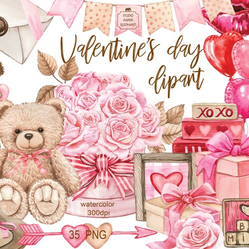 Valentine's Day Watercolor Clipart Pink Valentines Cute - Etsy