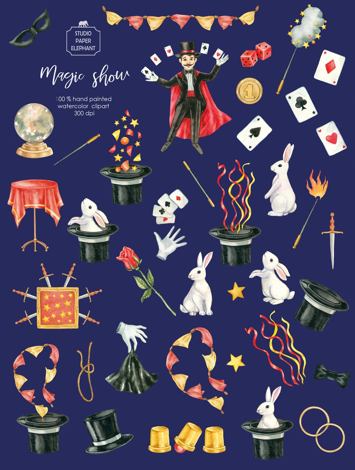 Watercolor Magic Show Clipart: Card Tricks, Illusions (PNG, Instant ...
