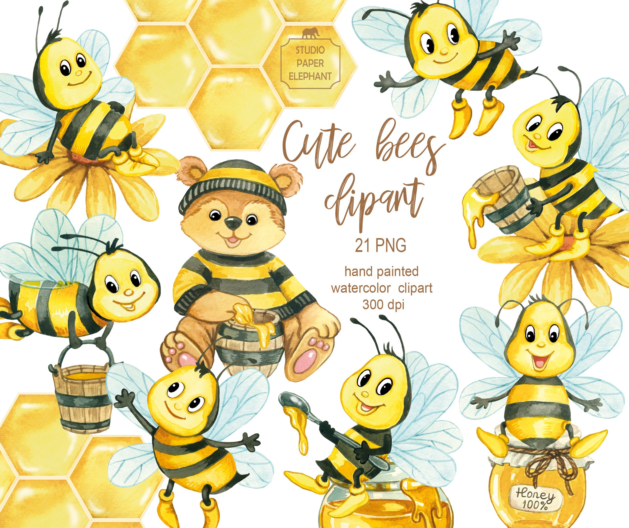 Watercolor Cartoon Bees Clipart Cute Bees Clipart Bees - Etsy Australia