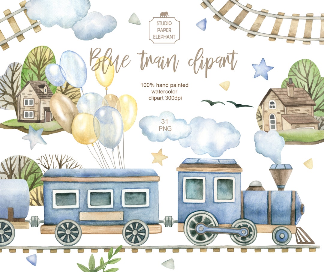 Watercolor Blue Train Clipart: Kids Birthday Party (PNG) - Etsy