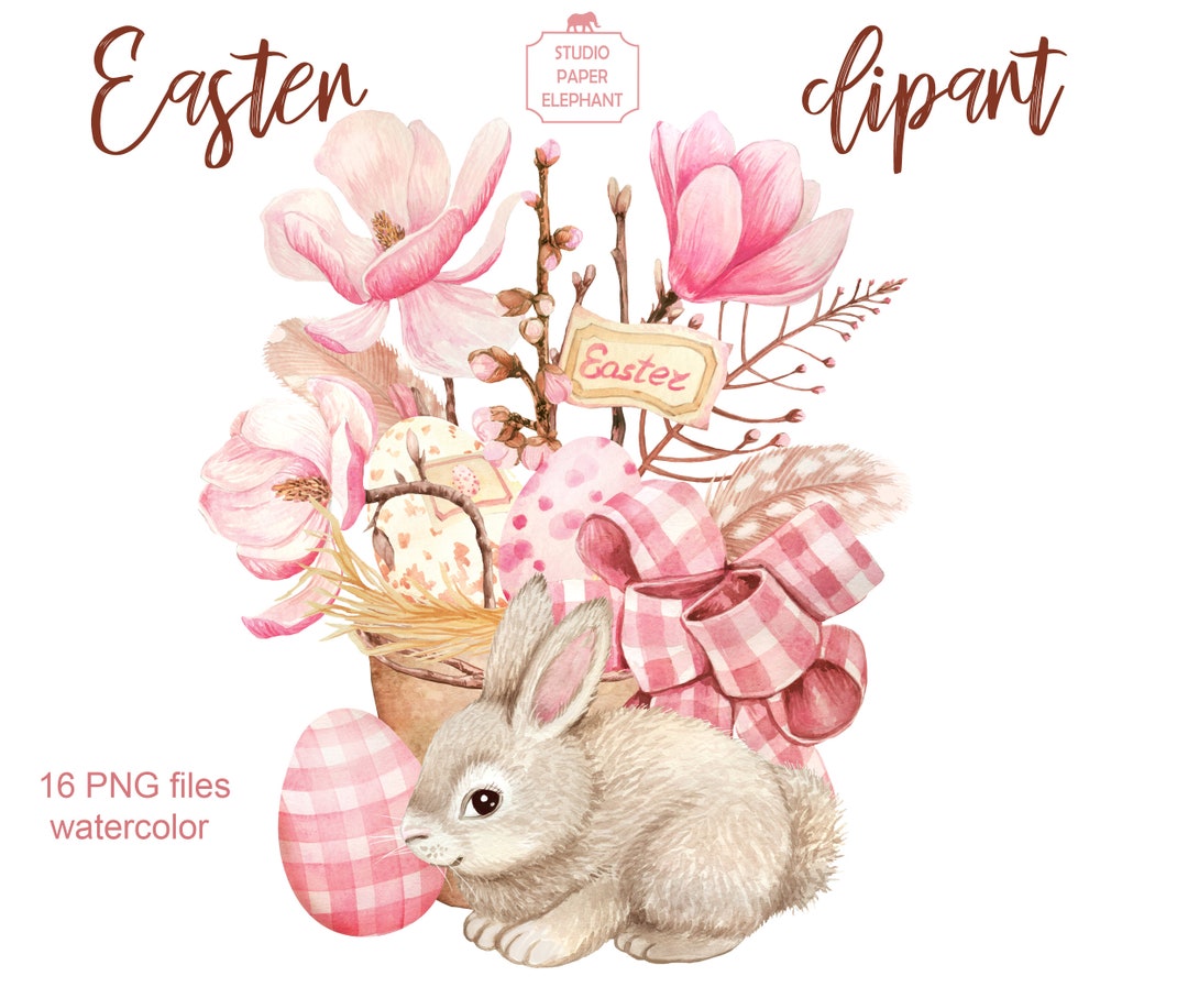 Watercolor Easter Bunny Clipart, Easter Eggs, Easter Basket, Spring ...