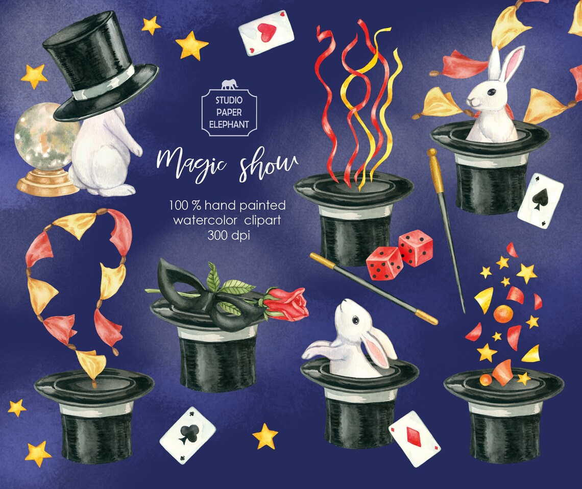 Watercolor Magic Show Clipart: Card Tricks, Illusions (PNG, Instant ...