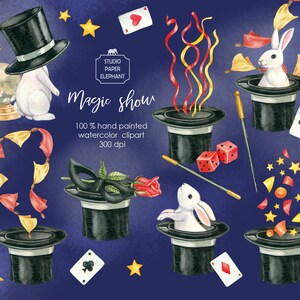 Watercolor Magic Show Clipart: Card Tricks, Illusions (PNG, Instant ...