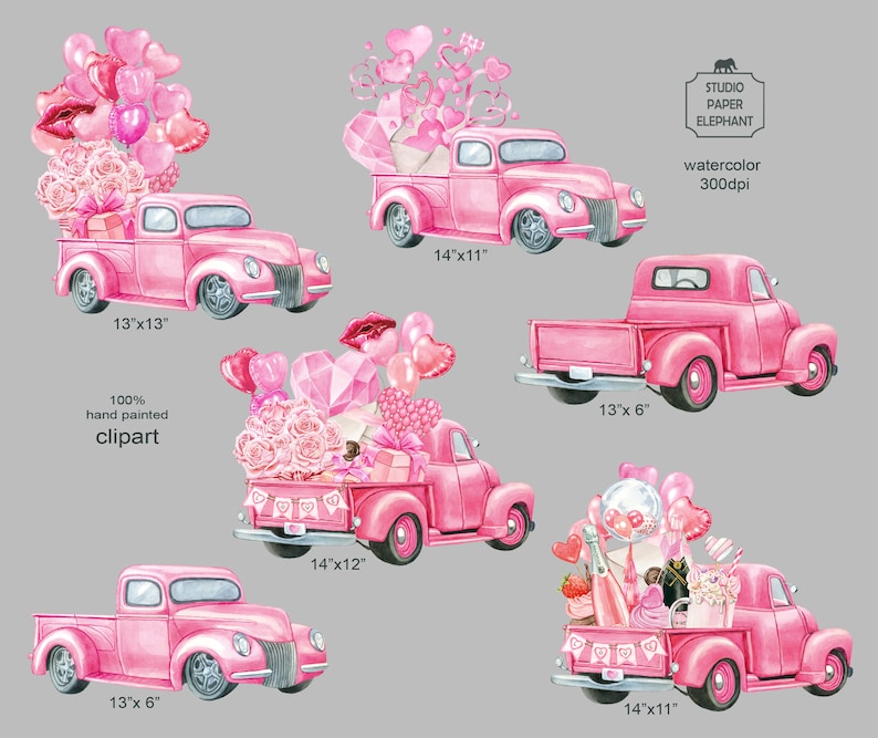 Watercolor Pink Trucks Valentine's Day Valentine's - Etsy