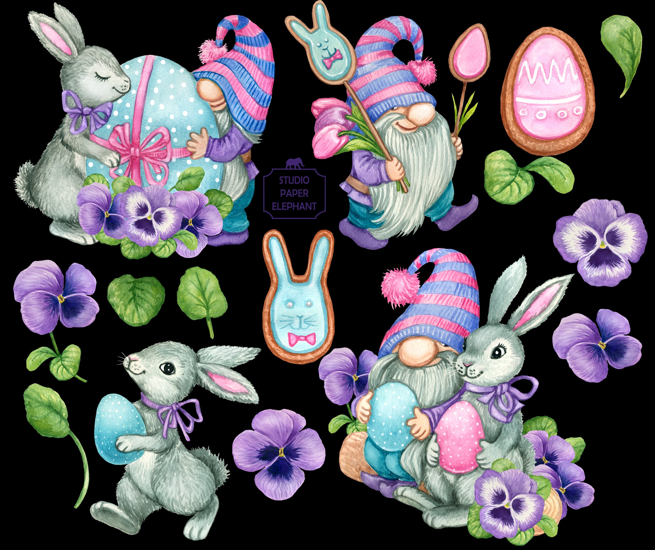 Watercolor Easter Gnomes Easter Bunny Easter Eggs Spring - Etsy