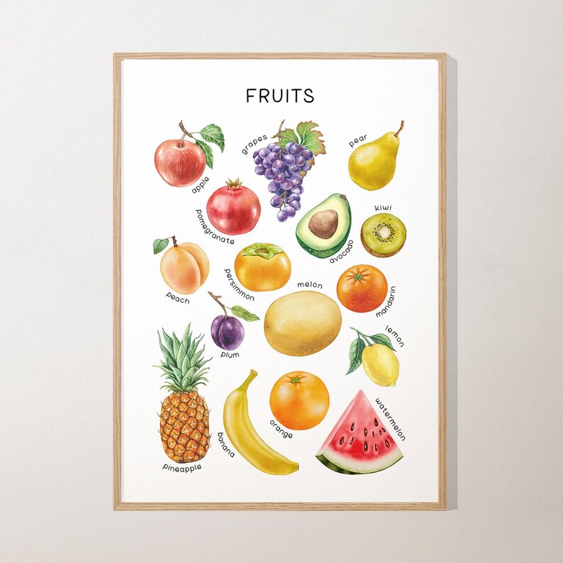 Fruits Educational Poster, Classroom Fruits Montessori Wall Art, Non Ai ...