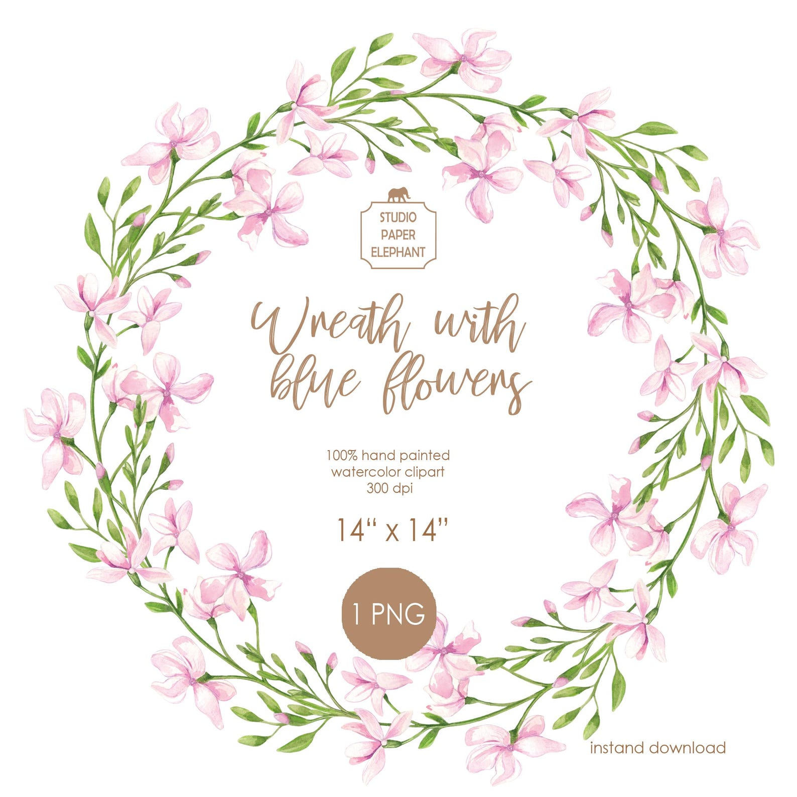 Watercolor Pink Flower Wreath Clipart: Floral DIY (PNG Digital Download ...